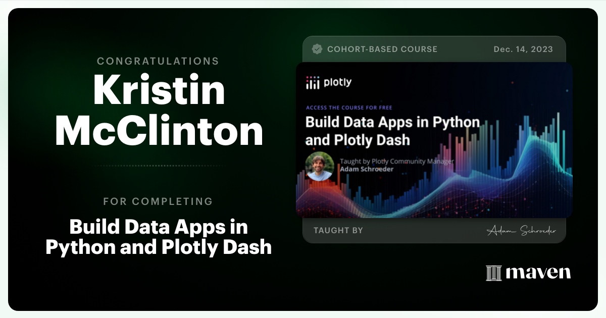 Certificate of Completion for Build Data Apps in Python and Plotly Dash
