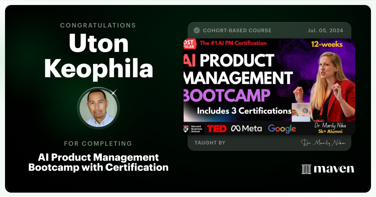 Certificate of Completion for AI Product Management Bootcamp with ...