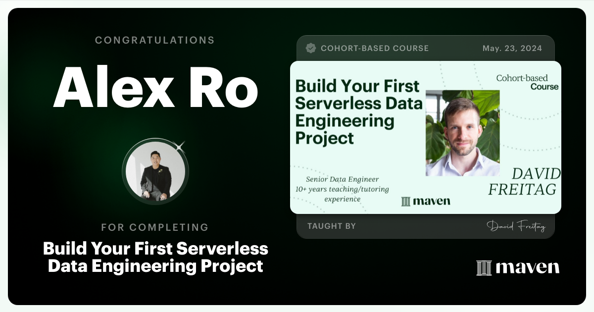 Certificate of Completion for Build Your First Serverless Data Engineering Project