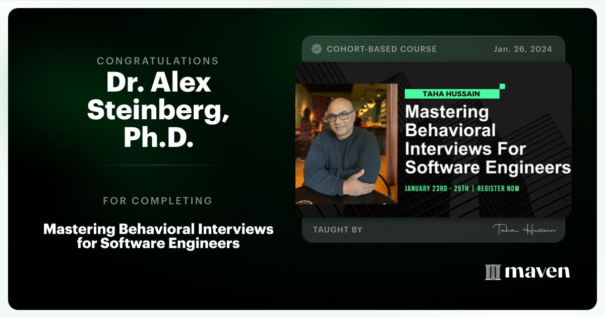 Certificate of Completion for Mastering Behavioral Interviews for Software Engineers