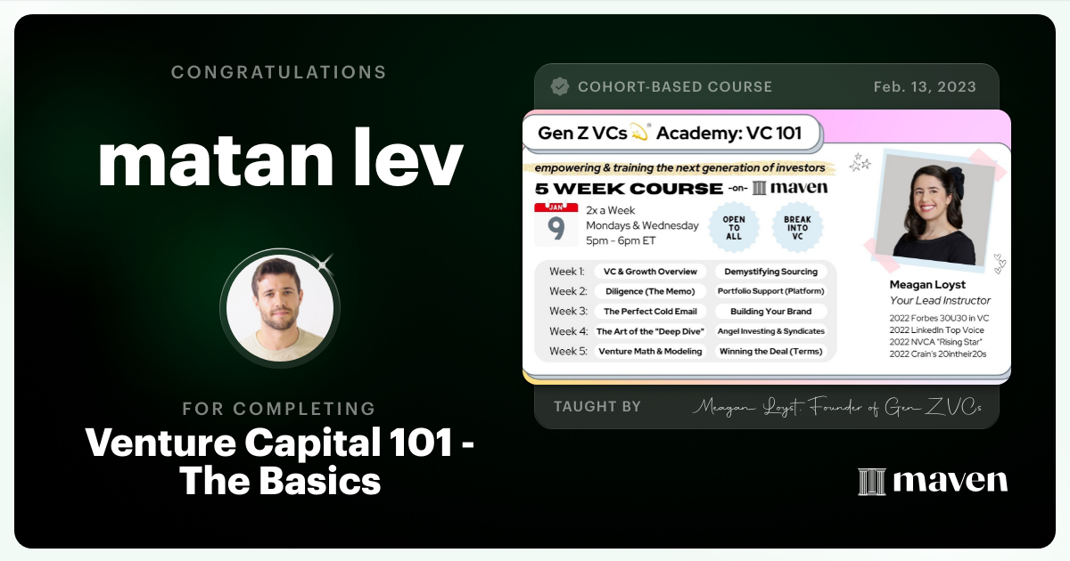 Certificate of Completion for Venture Capital 101 - The Basics