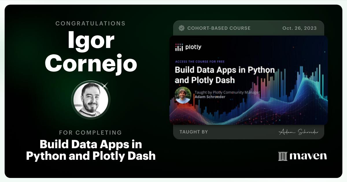 Certificate of Completion for Build Data Apps in Python and Plotly Dash