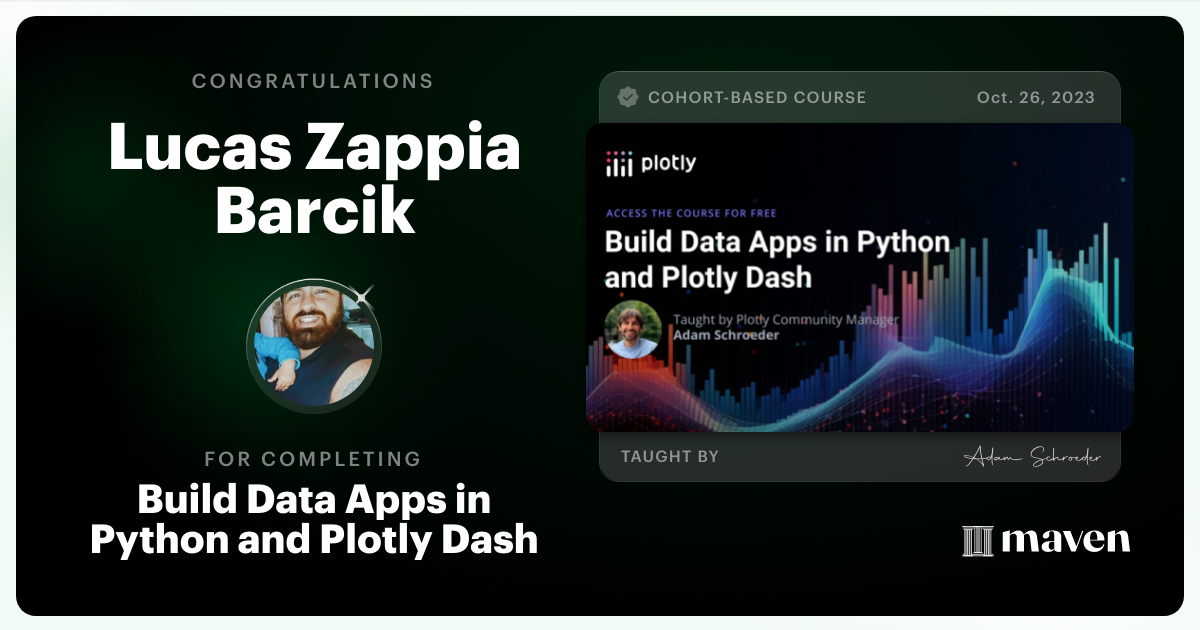 Certificate of Completion for Build Data Apps in Python and Plotly Dash