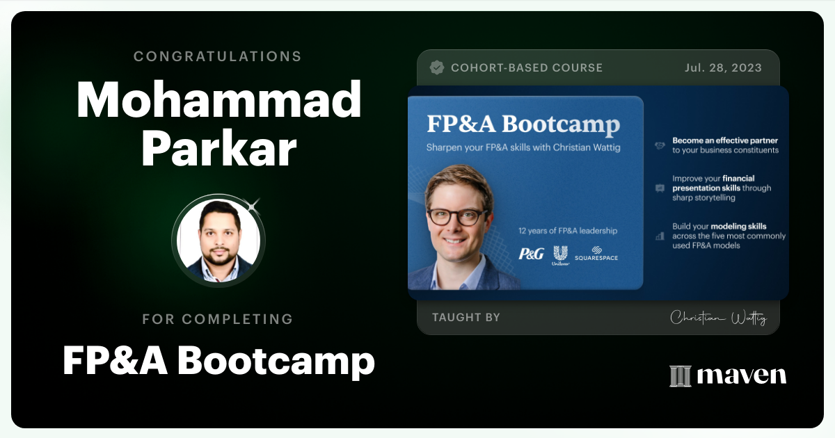 Certificate of Completion for FP&A Bootcamp