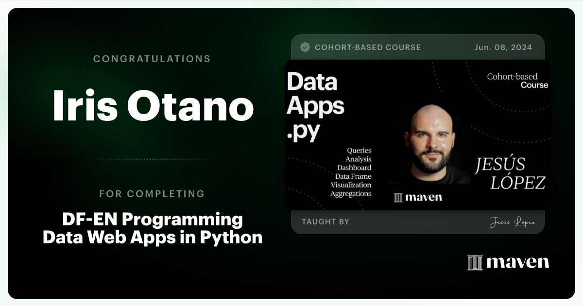 Certificate of Completion for Practical Python: Data Tables Manipulation & Visualization